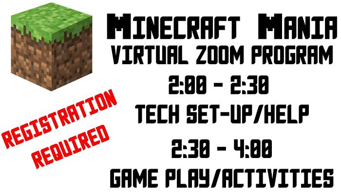 Minecraft Mania (Zoom Virtual Event) | Bossard Memorial Library